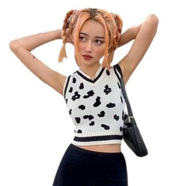 Mono Leopard Print Sleeveless Knit Crop Top Women's Top White Summer Y ...